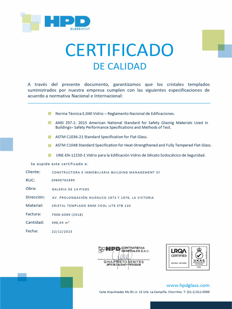 Certificado de Calidad HPD - 374 | PDF