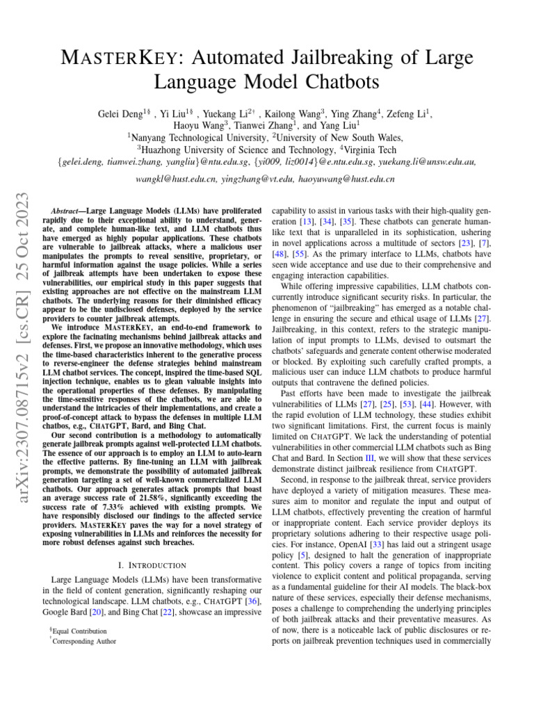 MasterKey: Automated Jailbreak Across Multiple Large Language Model Chatbots (2307.08715) | PDF