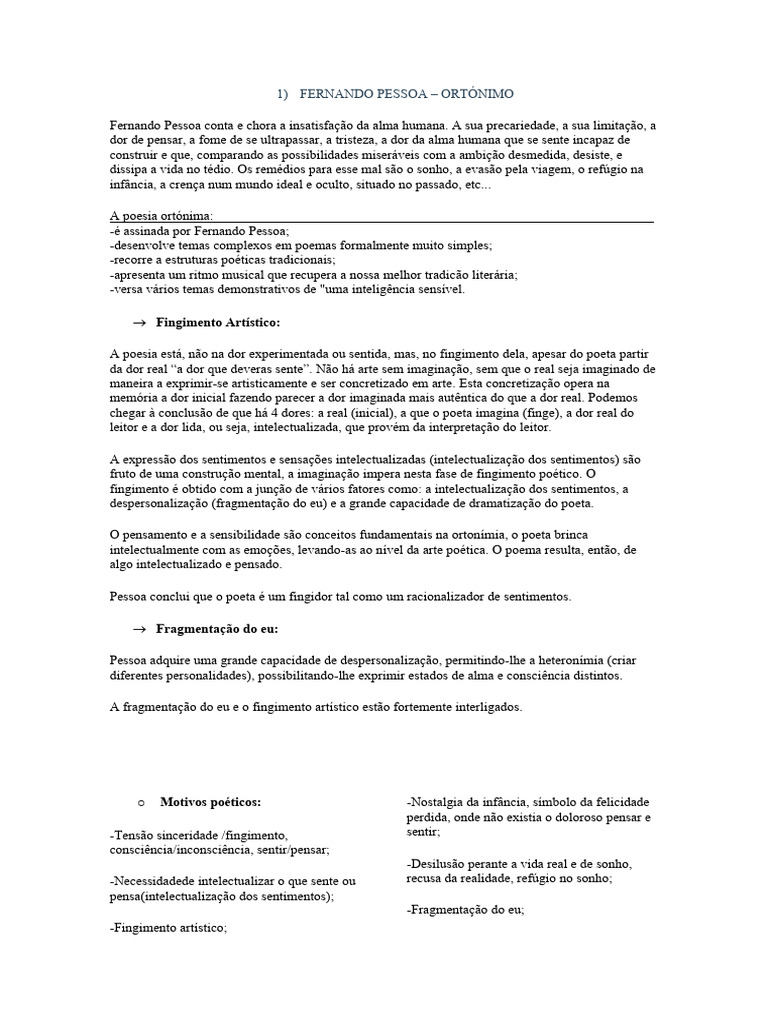 Fernando Pessoa Ortonimo e Heteronimos | PDF | Poesia | Pensamento