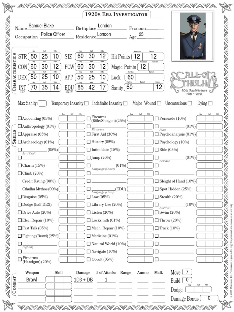 CoC7 PC Sheet - Auto-Fill - 1920s - Standard - Greyscale | PDF