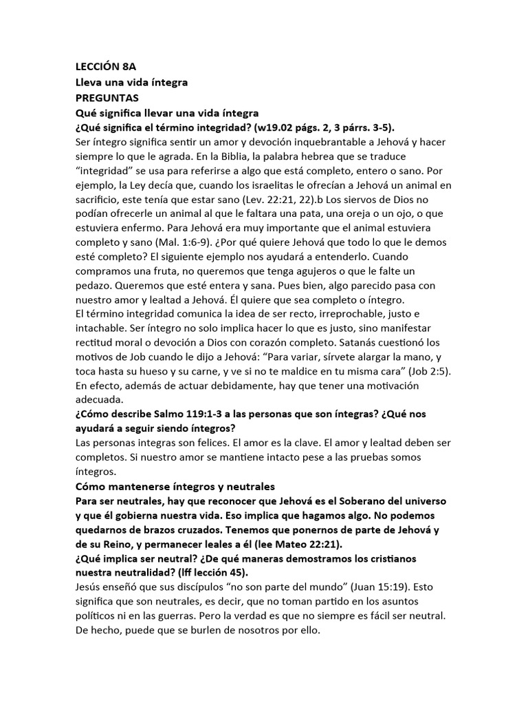 Lección 8A Lleva Una Vida Íntegra Preguntas Qué Significa Llevar Una ...