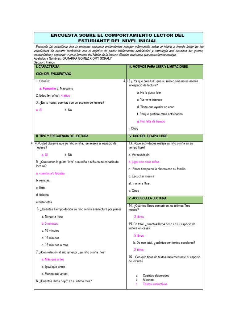 Encuesta sobre hábitos de lectura infantil | PDF | Artes del Lenguaje y ...