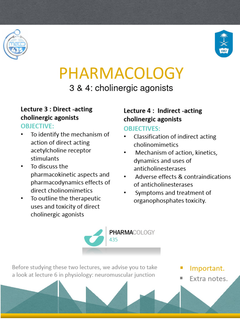 Lectures 3&4 Cholinergic Agonists | PDF | Acetylcholine | Physiology