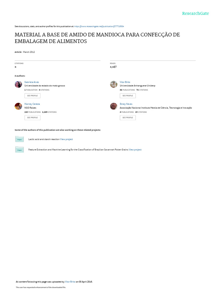 Material A Base de Amido de Mandioca para Manufatura de Embalagem de Alimentos | PDF | Amido ...