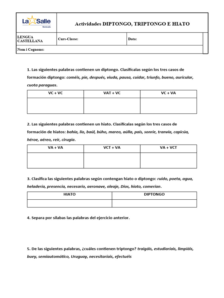 Ejercicios de Diptongo, Hiato y Triptongo | PDF