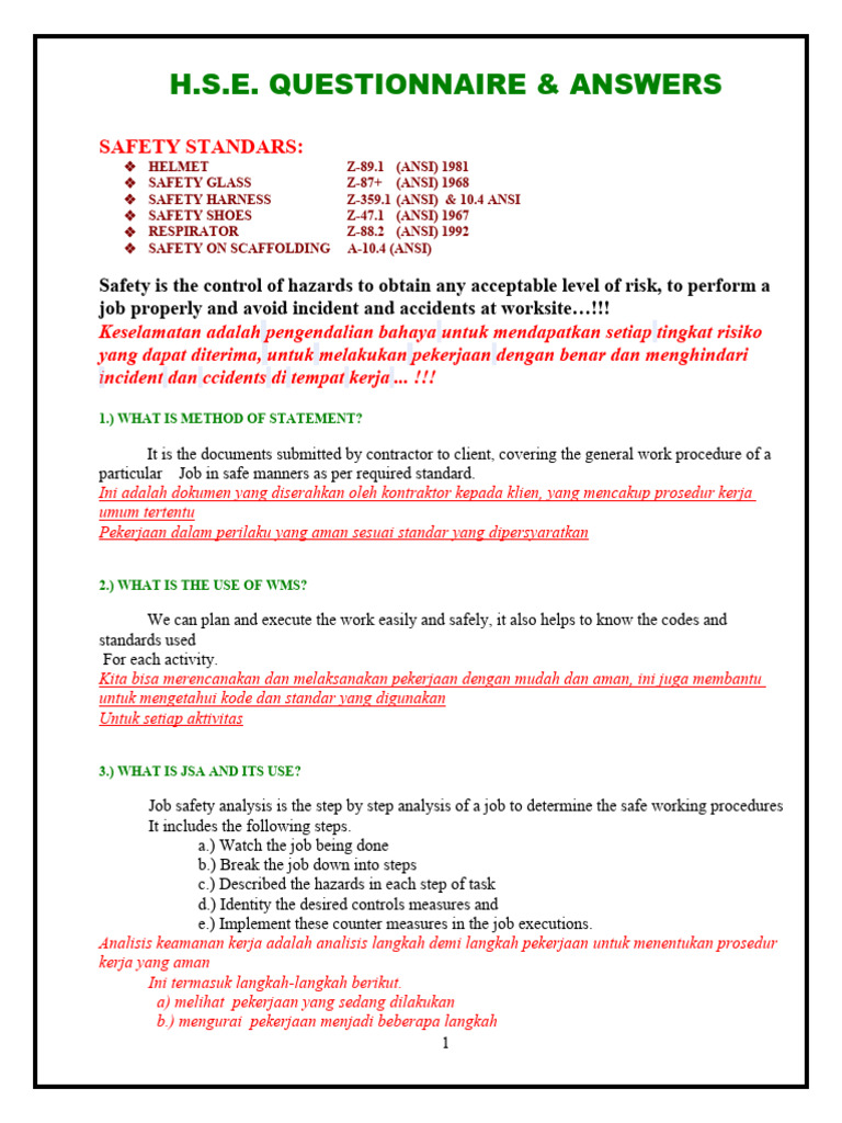 H.S.E. Questionnaire & Answers | PDF