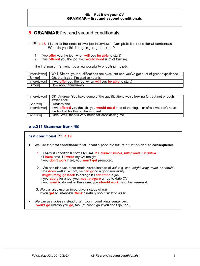 4B - GRAMMAR - First and Second Conditionals | PDF