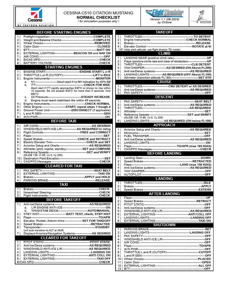 Cessna C510 Mustang Normal Checklist | PDF | Flight | Aeronautics