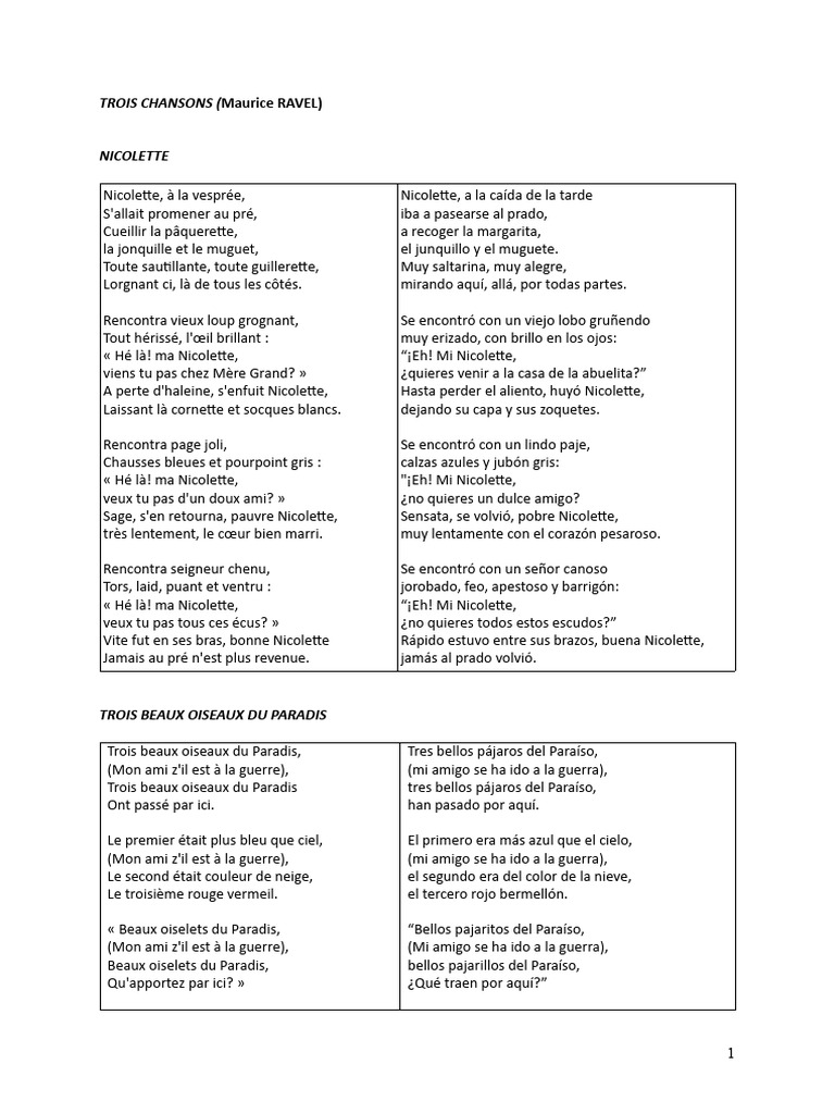 RAVEL - Trois Cahnsons (Textos Biligües) | PDF | Créatures imaginaires ...