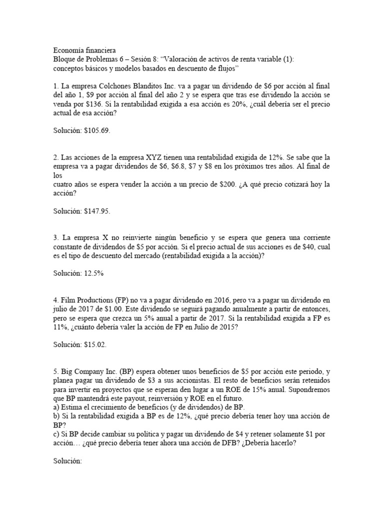 Ejercicios Valoración Acciones Dividendos Gordon | PDF | Compartir (Finanzas) | Dividendo