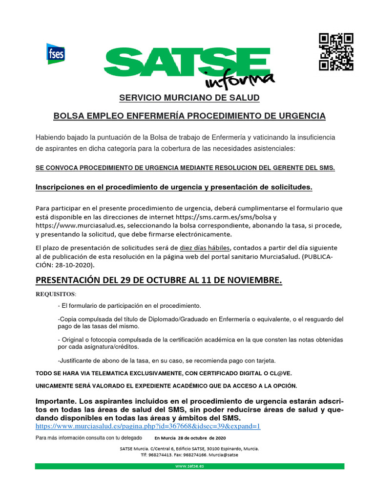 PROCEDIMIENTO DE URGENCIA BOLSA ENFERMERIA SMS | PDF