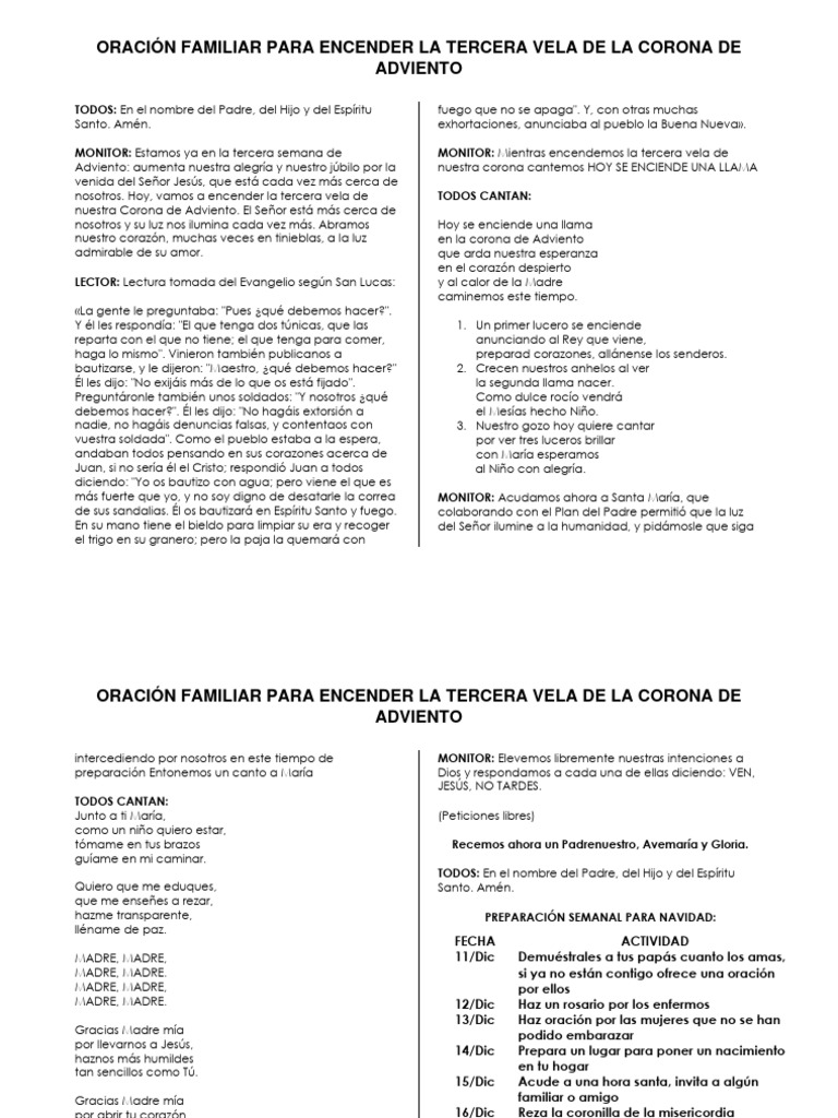 Oración Familiar para Encender La Tercera Vela de La Corona de Adviento ...