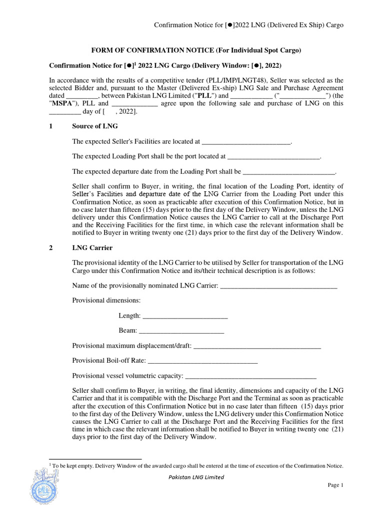 2022 LNG Cargo Confirmation Notice | PDF
