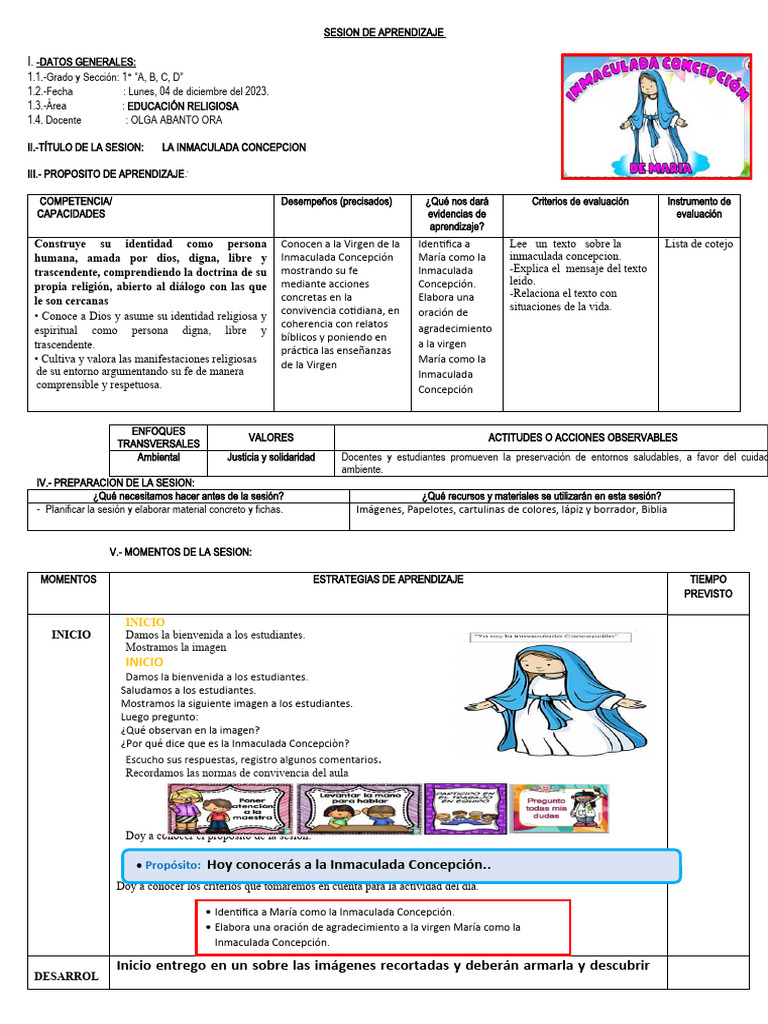 SESION DE RELIGION Inmaculada Concepcion) | PDF | Evaluación | María, madre de Jesús