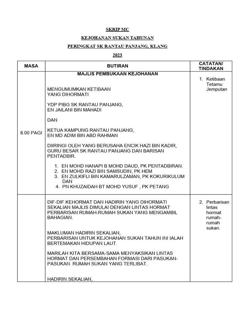Draft Skrip MC Kejohanan Sukan | PDF