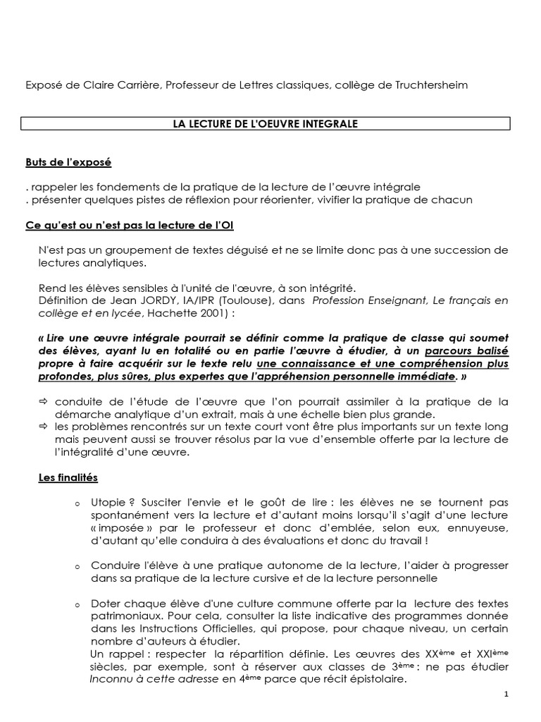 Lecture Oeuvre Integrale Carriere | PDF