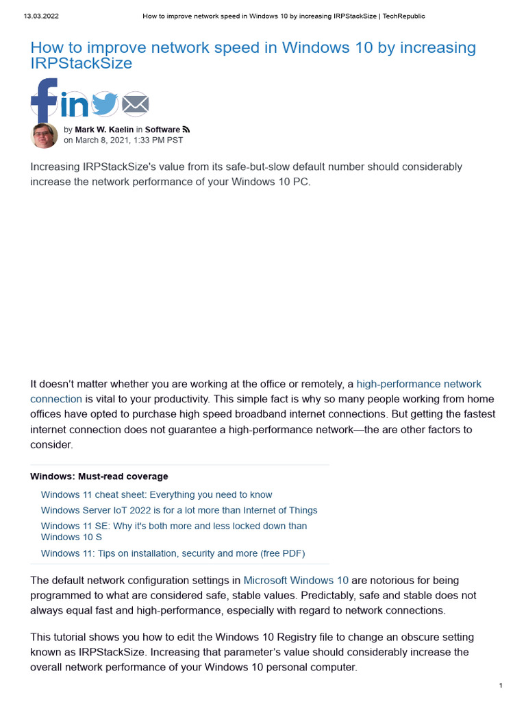 How To Improve Network Speed in Windows 10 by Increasing IRPStackSize | PDF