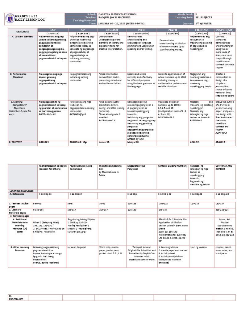 DLL - All Subjects 2 - Q2 - W9 - D1 | PDF