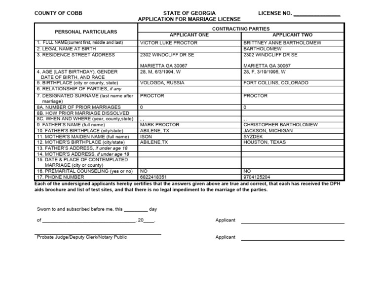 County of Cobb State of Georgia LICENSE NO. - Application For Marriage ...