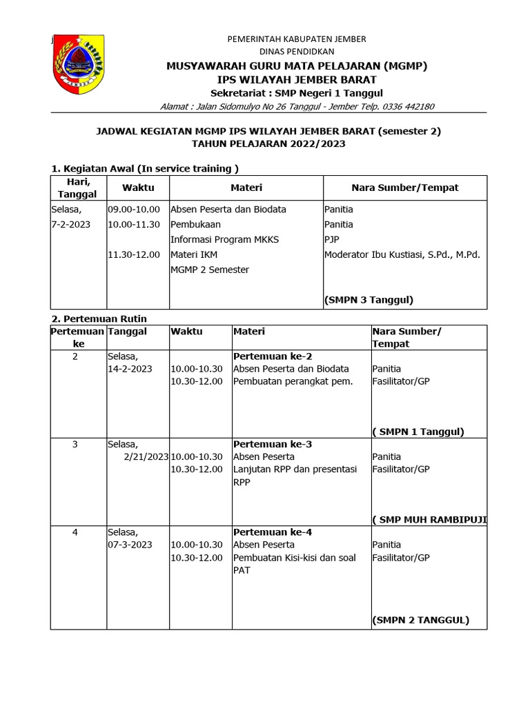 Jadwal Keg MGMP SMT 1-2 2022-2023 | PDF