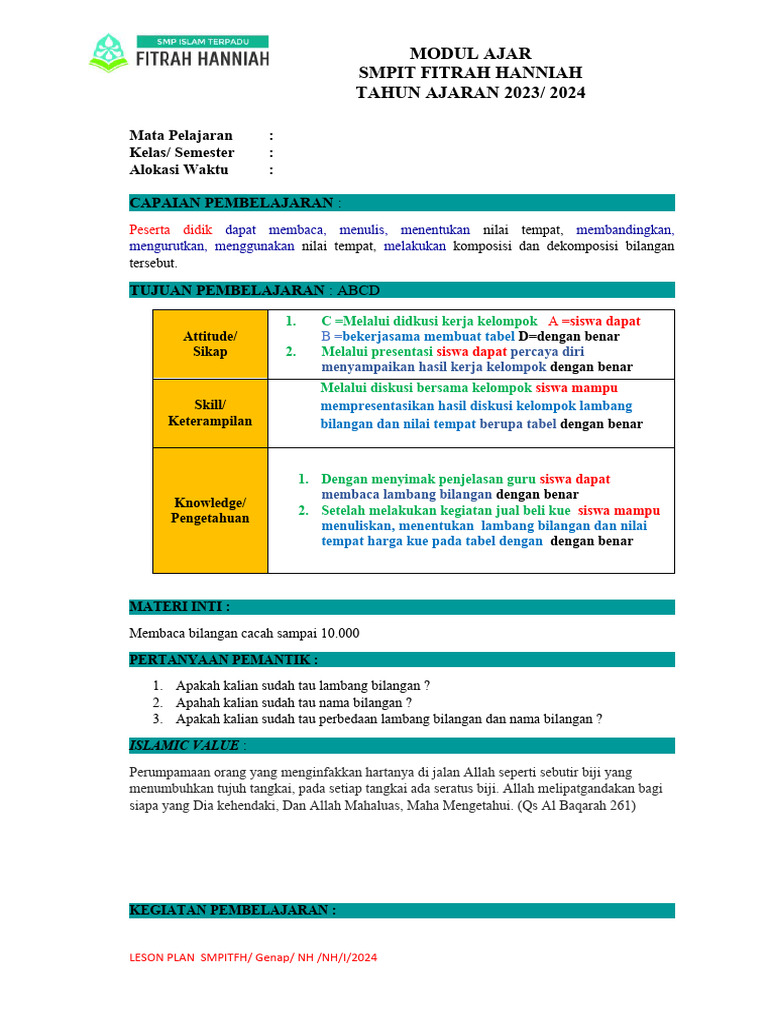 Template Desain Pembelajaran Modul Ajar | PDF