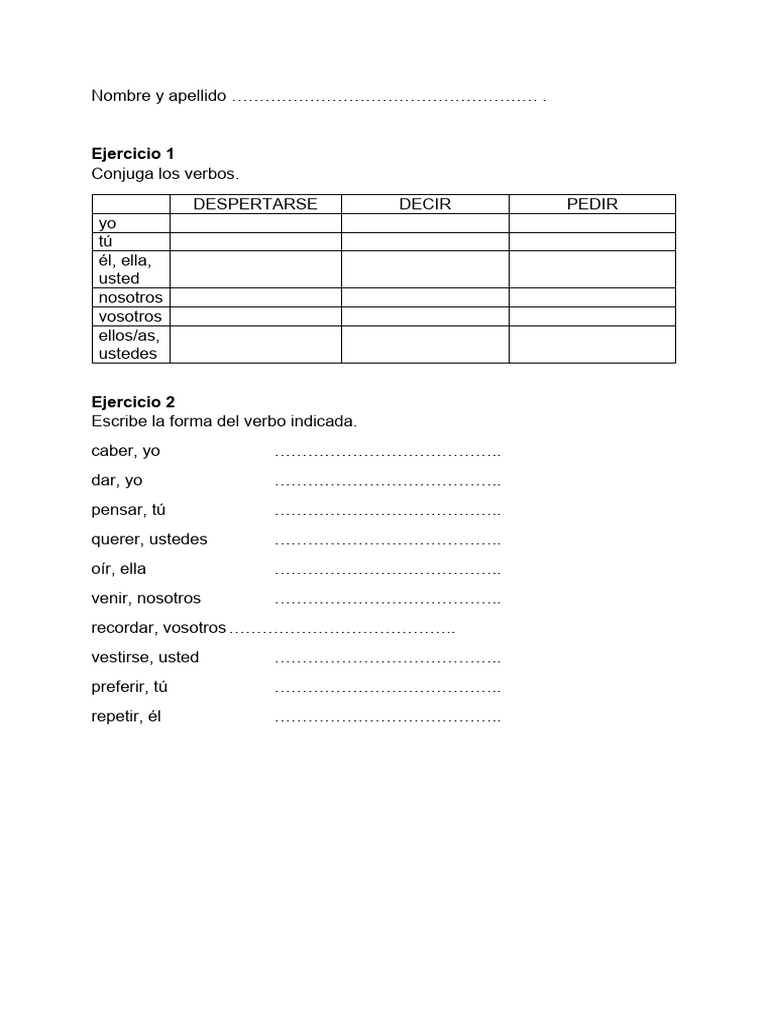 Ejercicios de verbos irregulares en presente | PDF