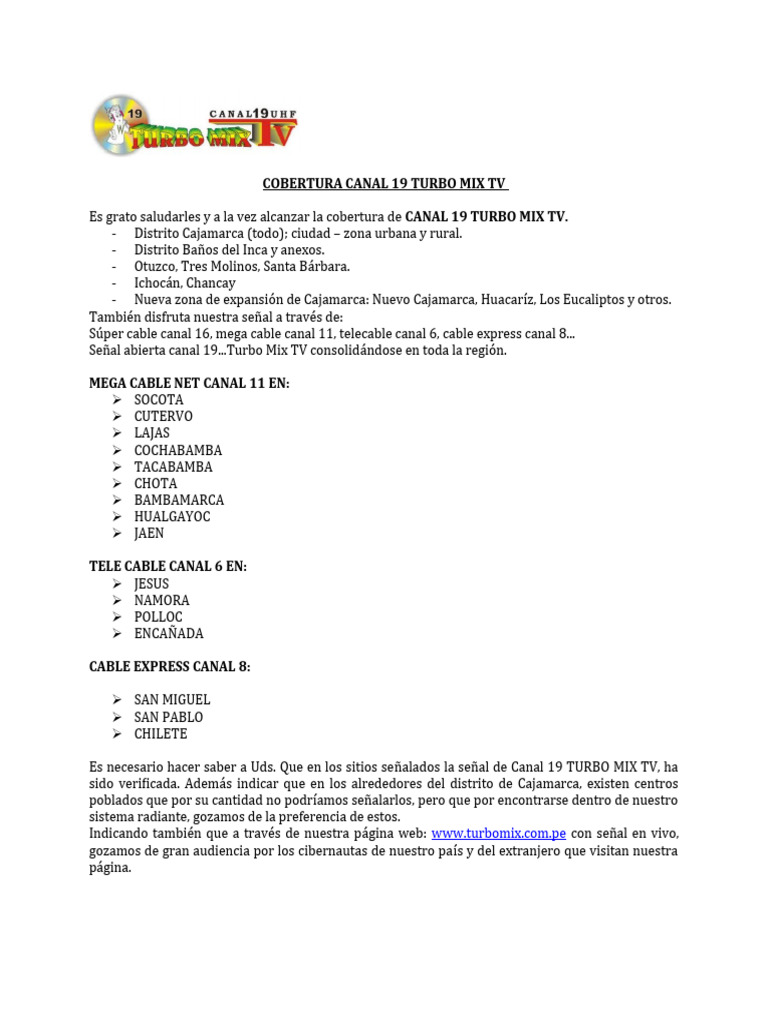 Cobertura Canal 19 Turbo Mix TV | PDF