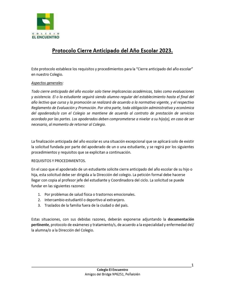 Protocolo Cierre Anticipado A単o Escolar 2023 | PDF