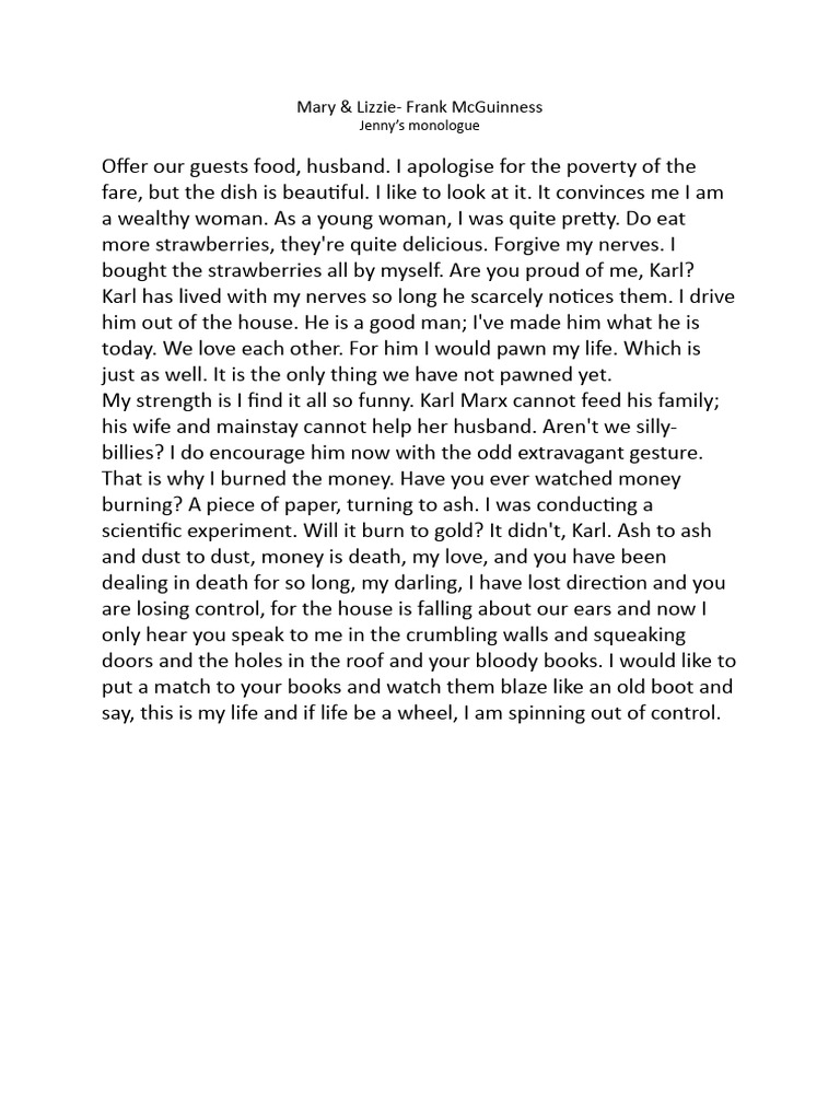 Mary & Lizzie Monologue by Frank McGuinness | PDF