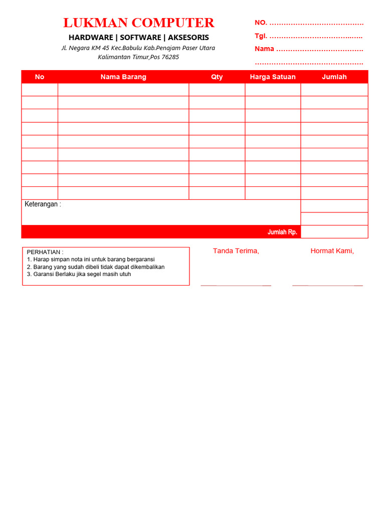 Contoh Template Nota Toko Komputer Percentakan Word 3 2 | PDF