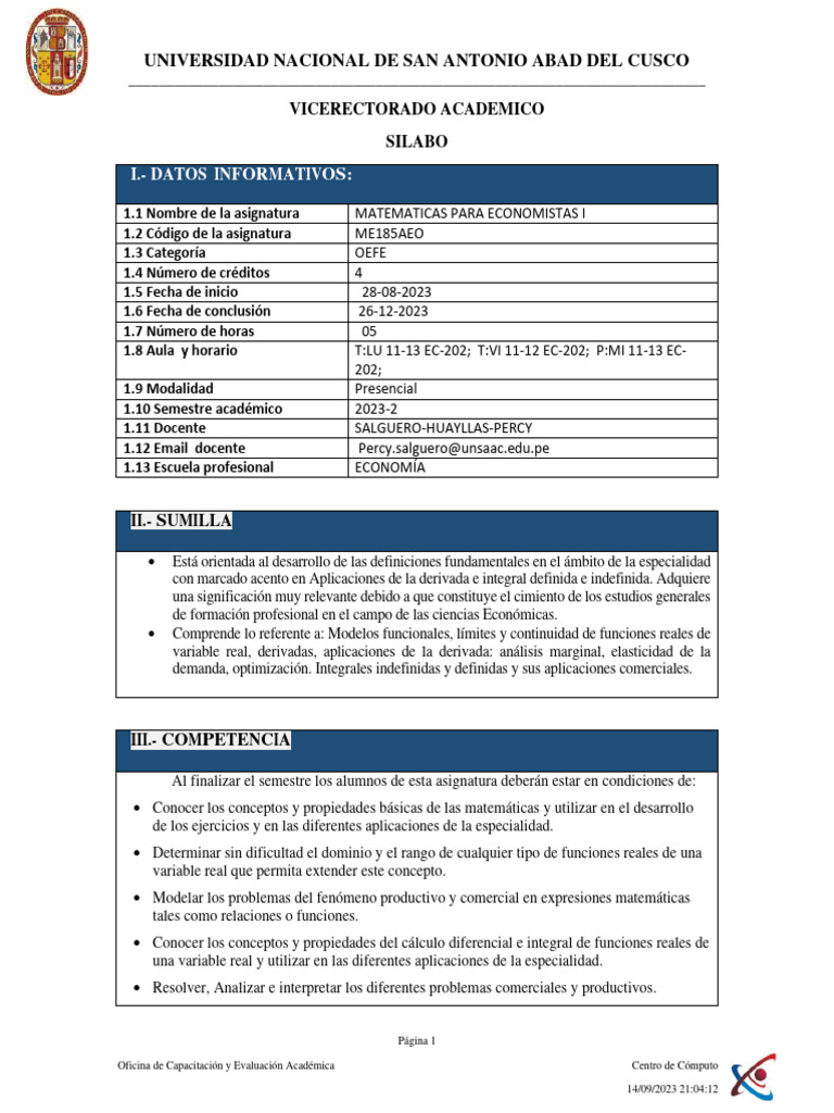 Silabo Matematica para Economistas | PDF | Integral | Derivado Silabo Matematica para Economistas | PDF | Integral | Derivado