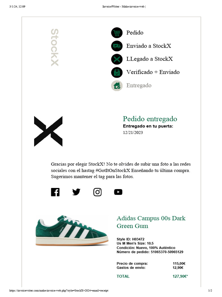 Factura Adidas Campus Talla 44,5 | PDF