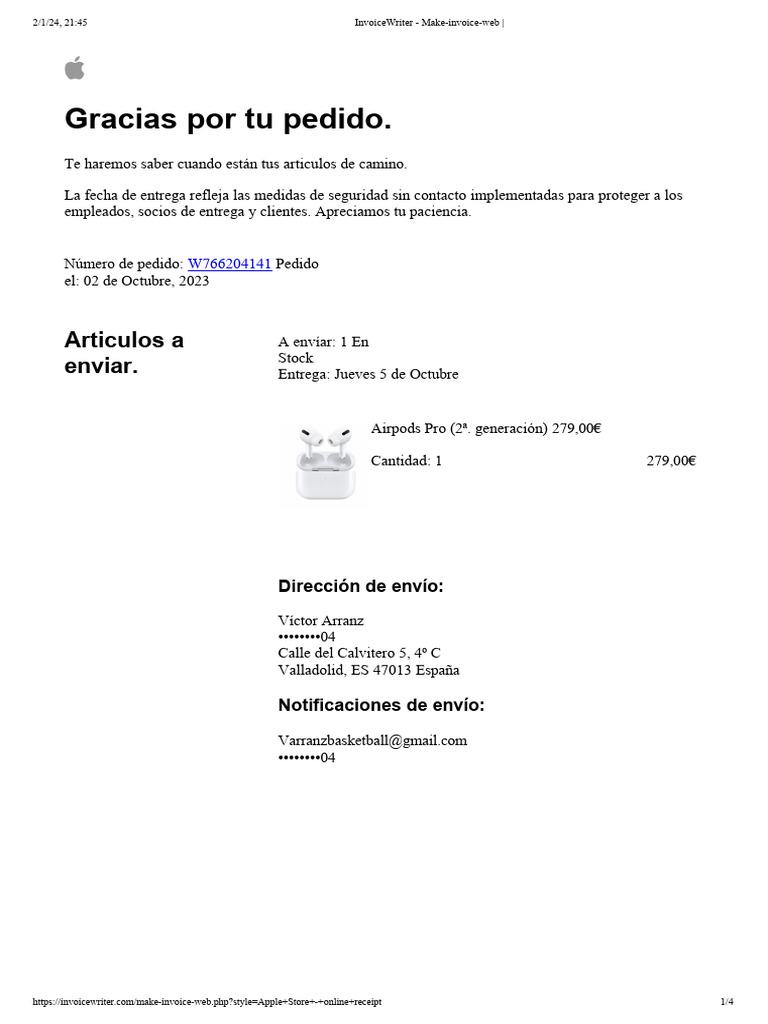 Factura Airpods Pro 2 2º Generación | PDF