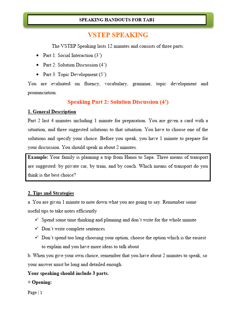 Speaking Handout 2. Speaking Test - Part 2 | PDF