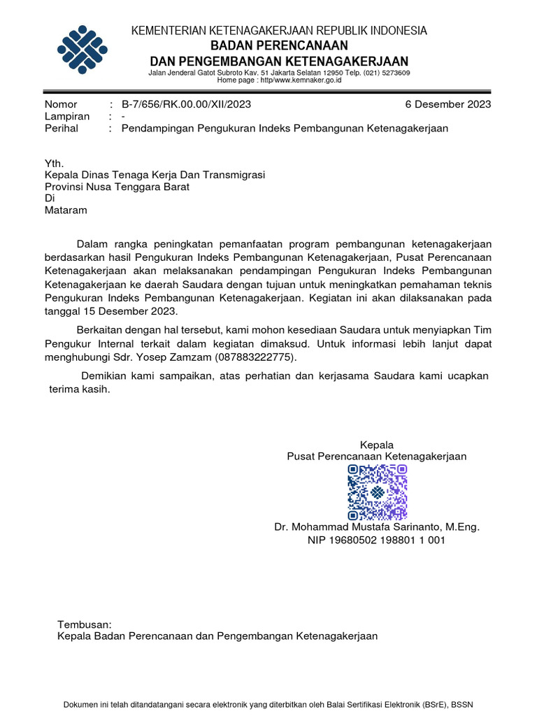 Surat Pemberitahuan Pendampingan Pengukuran IPK - NTB - Sign - 6242 | PDF