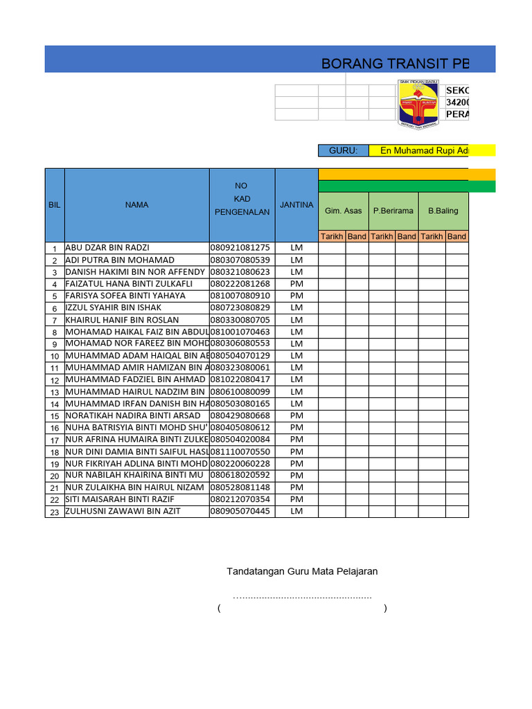 Borang Transit PBD PJK Ting 2 2021 | PDF