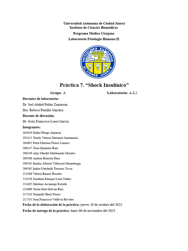 Protocolo 7. - Shock Insulinico | PDF | Insulina | Biología Molecular