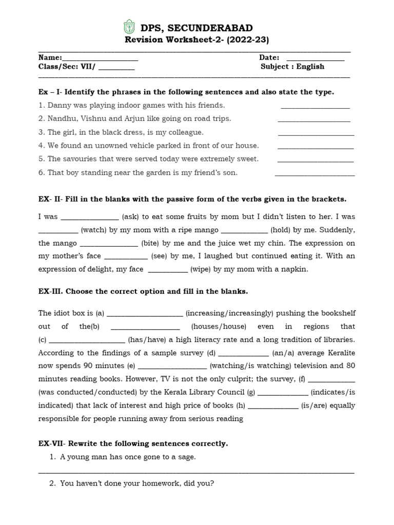 Revision WS 2. Grammar and Writing Skills. Class VII | PDF