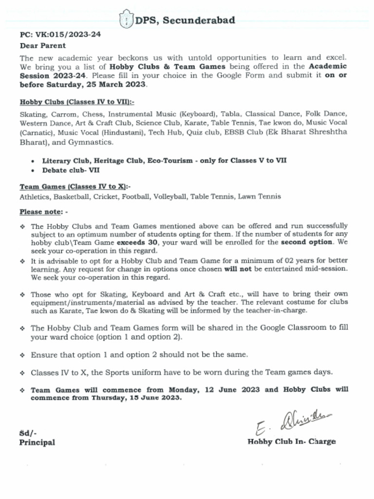 Hobby Clubs & Team Games Circular - IV To X 2023-24 | PDF
