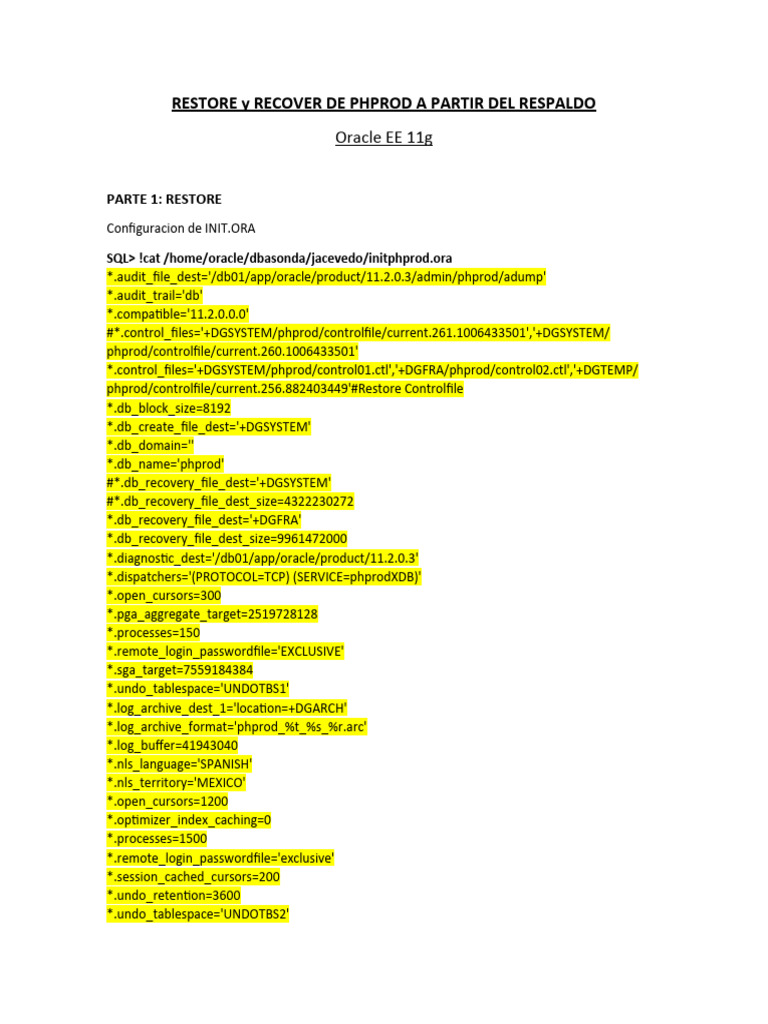 Oracle11g Restore y Recover de Phprod A Partir Del Respaldo (PH - MX) | PDF