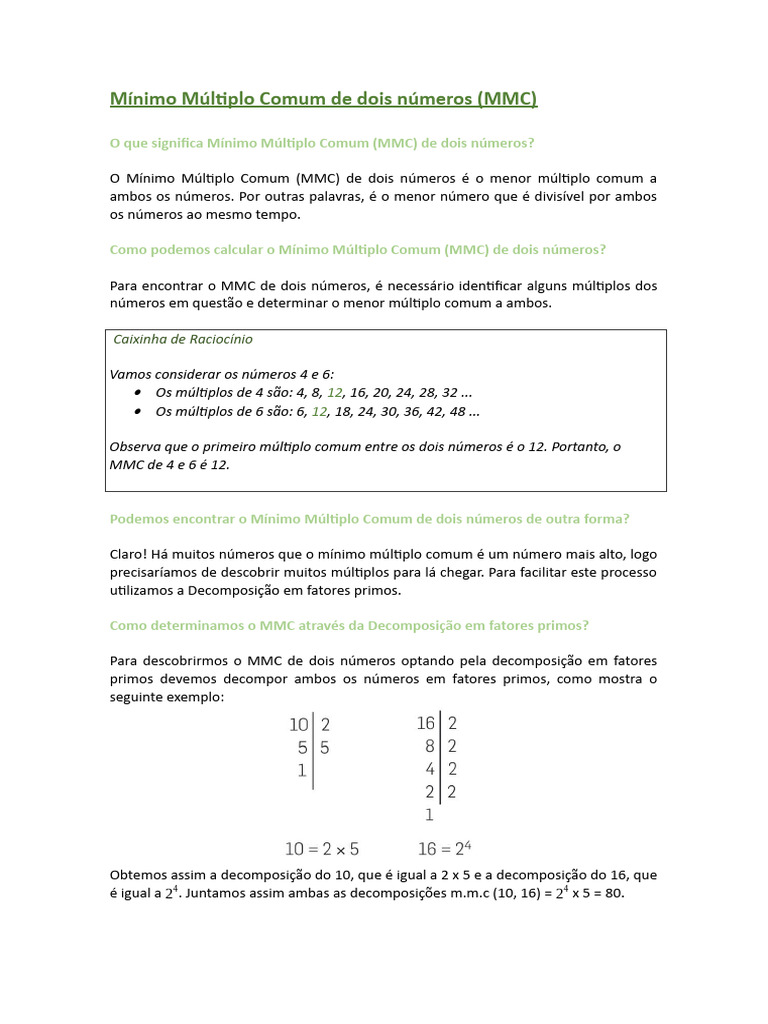 Cálculo do Mínimo Múltiplo Comum (MMC) | PDF