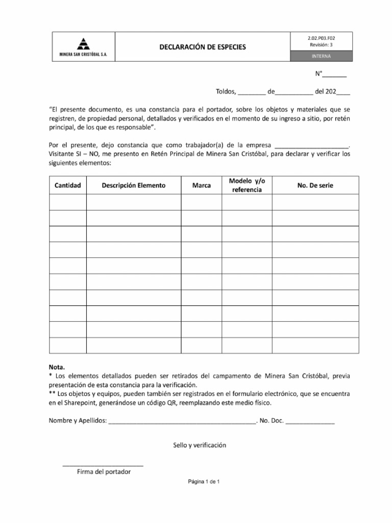 2.02.P03.F02 Declaracion de Especies Rev.3 | PDF