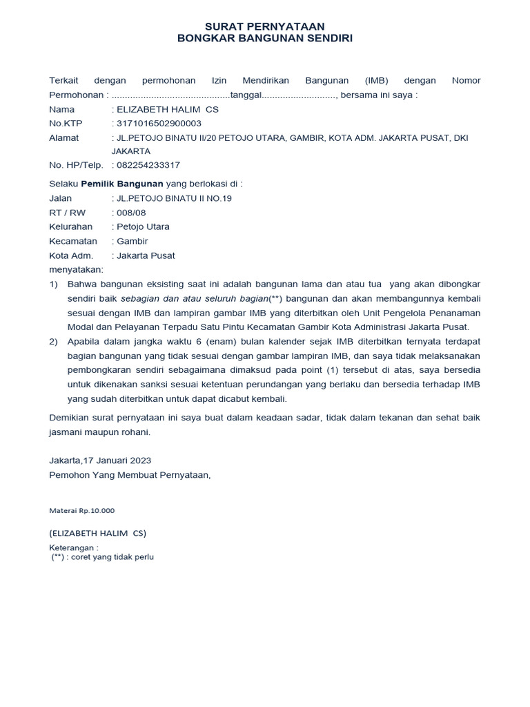 Surat Pernyataan Bongkar Sendiri | PDF | Hukum Surat Pernyataan Bongkar Sendiri | PDF | Hukum