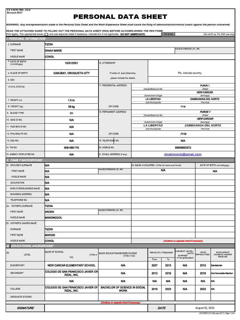 TIZON Personal Data Sheet New 2017 1 | PDF