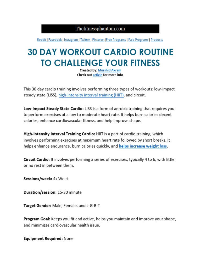 Advanced 30 Day Cardio Workout Challenge | PDF
