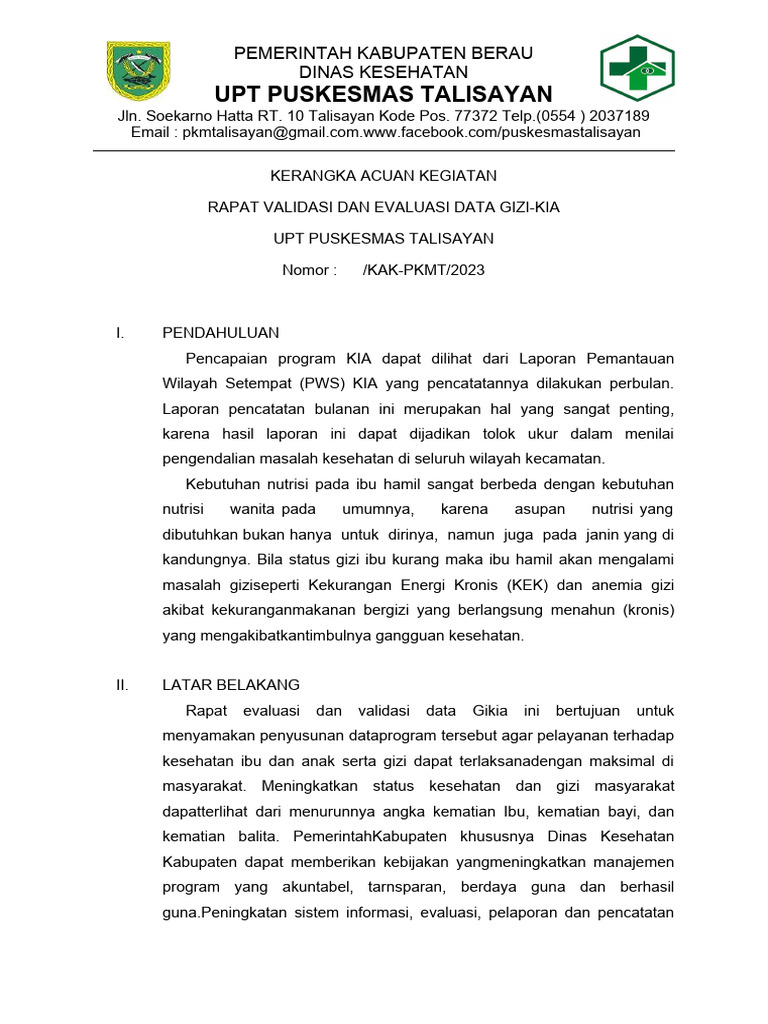 KAK Rapat Validasi Dan Evaluasi Data Gikia | PDF