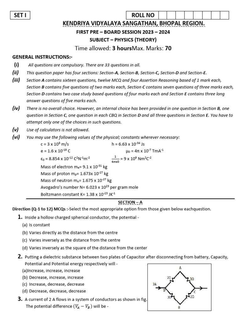 Question Paper Physics PB I 2023-24 | PDF | Inductor | Transformer