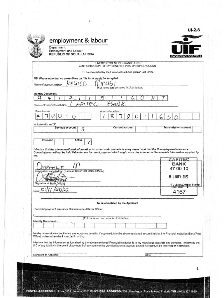 South Africa UIF Benefit Payment Authorization Form | PDF | Salary ...