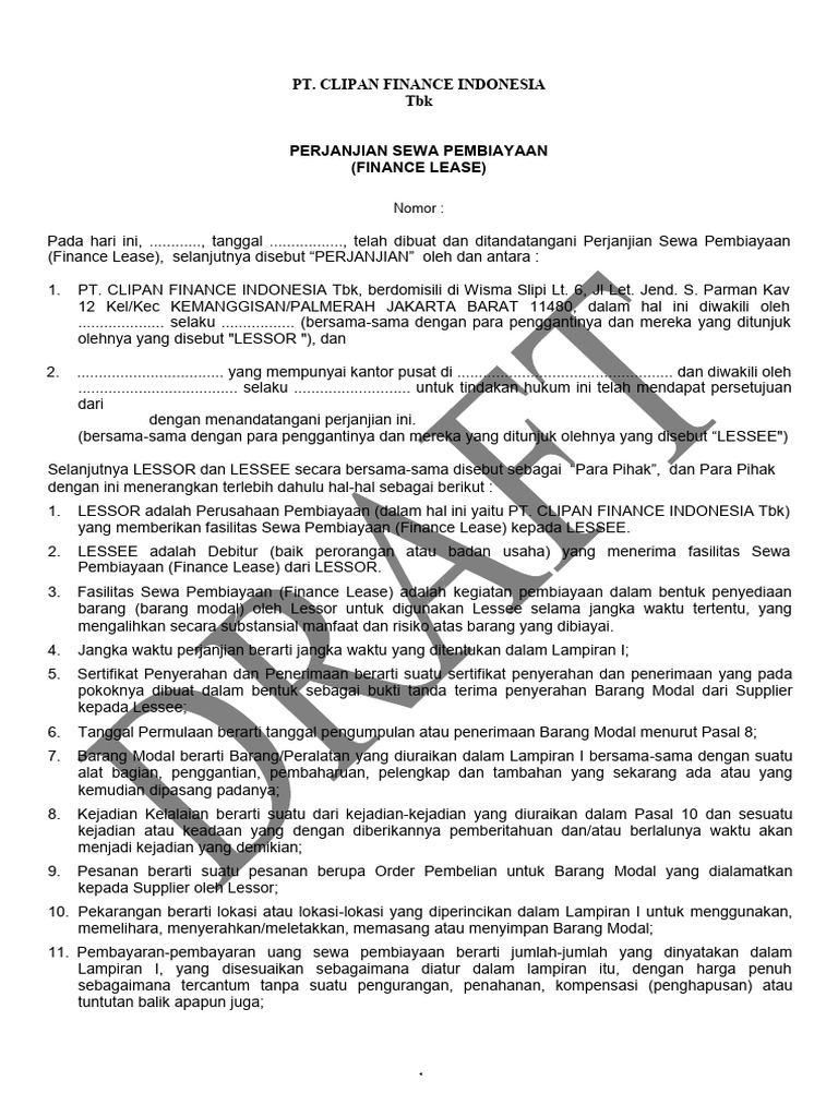 Dokumen - Tips - Perjanjian Sewa Pembiayaan Finance Lease Perjanjian Sewa Pembiayaan Butir | PDF