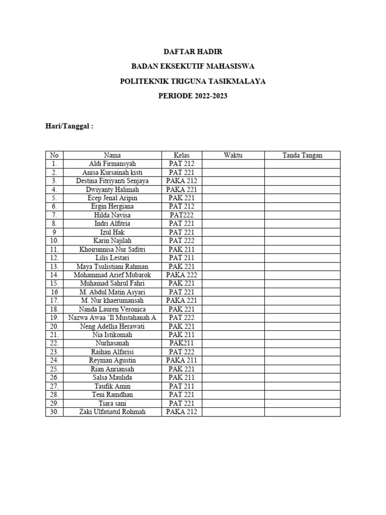 Daftar Hadir Bem 2022-2023 | PDF